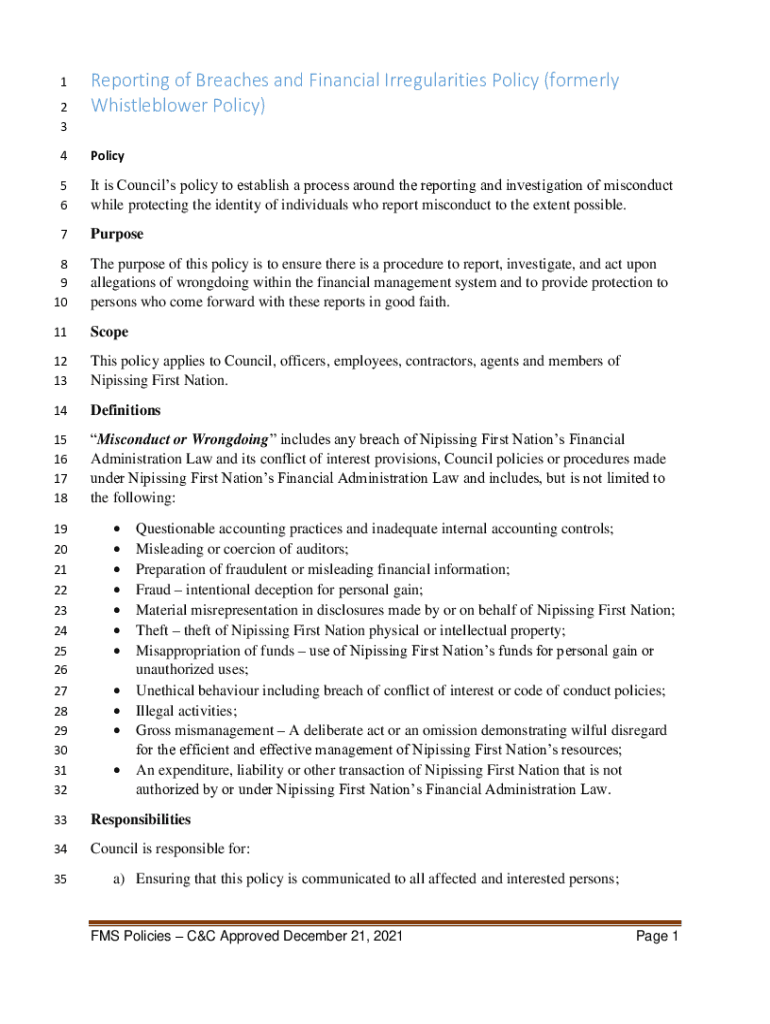 Fillable Online Reporting of Breaches and Financial Irregularities ...