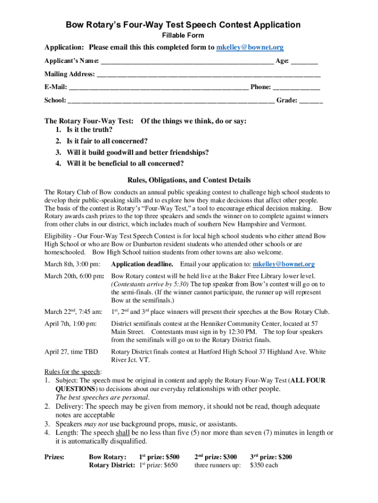 Fillable Online 4-Way Test Speech ContestThe Rotary Club of Bow, New ...