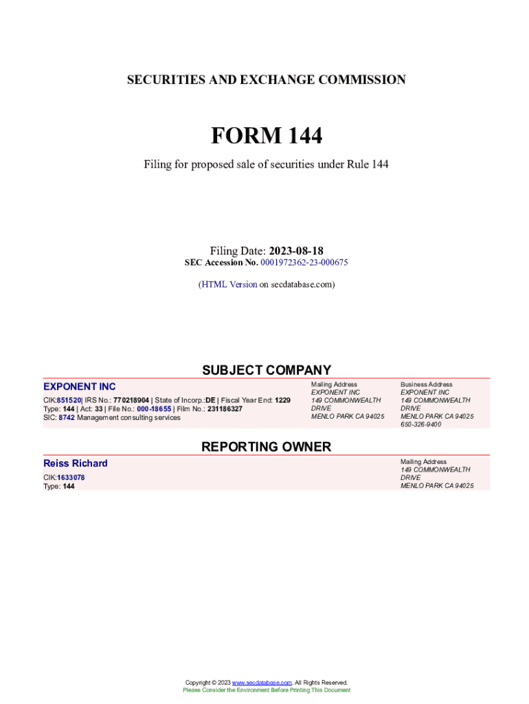 Fillable Online EXPONENT INC Form 144 Filed 2023-08-18. Accession ...