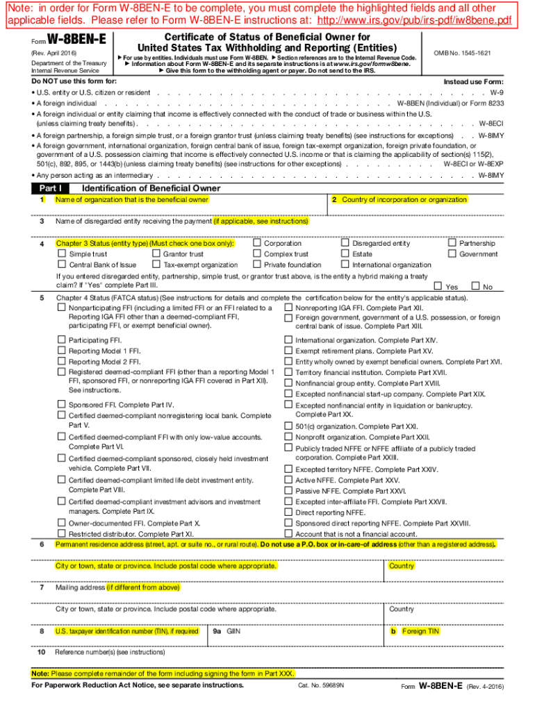 Fillable Online 3205 FR.05A (IRS Form W-8BEN-E) Certificate of Status ...