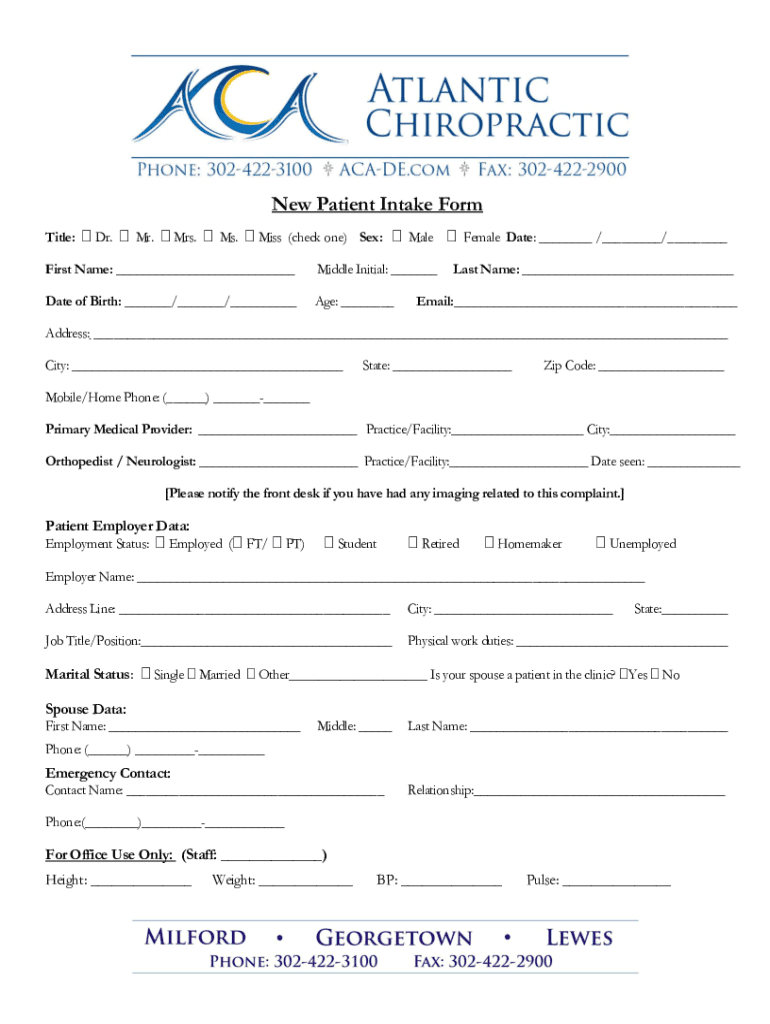 Fillable Online Family Chiropractic - Patient Intake Form Fax Email ...