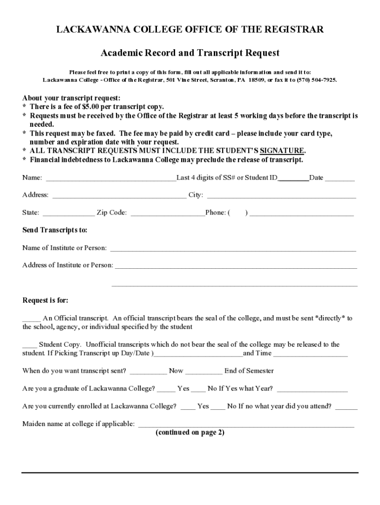 Fillable Online Lackawanna College Transcript Request 2015-2024 Form Fax Email Print - pdfFiller