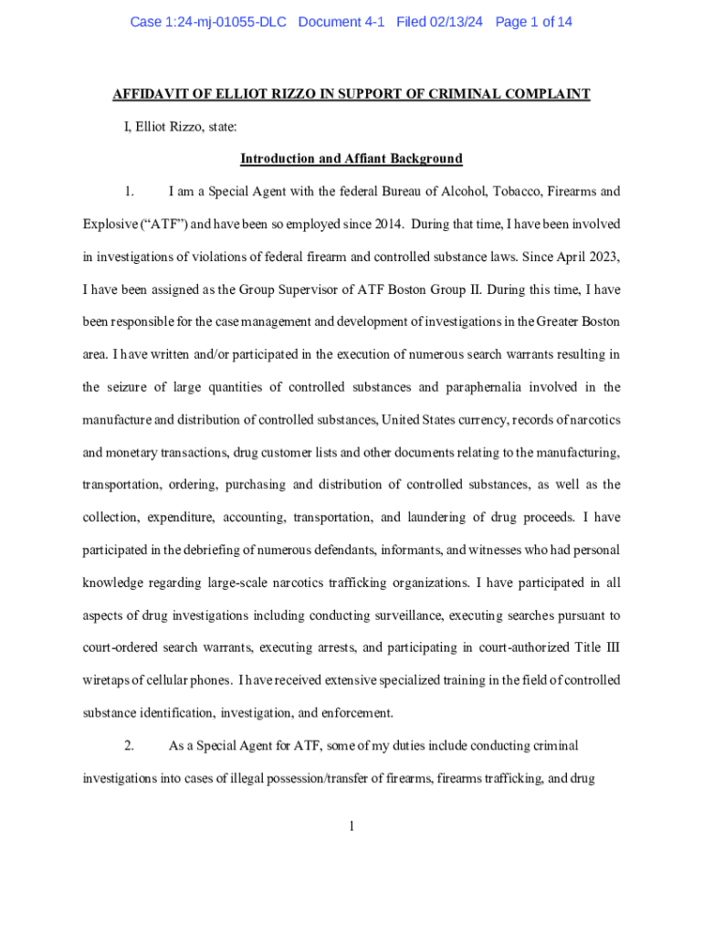 Fillable Online affidavit of elliot rizzo in support of criminal ...