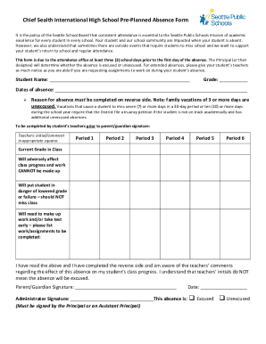 Fillable Online Pre-Planned Absence Form - Chief Sealth International High School Fax Email ...