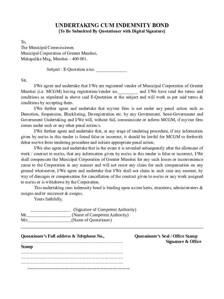 Fillable Online Undertaking Cum Indemnity Bond For Fire Compliance To ...