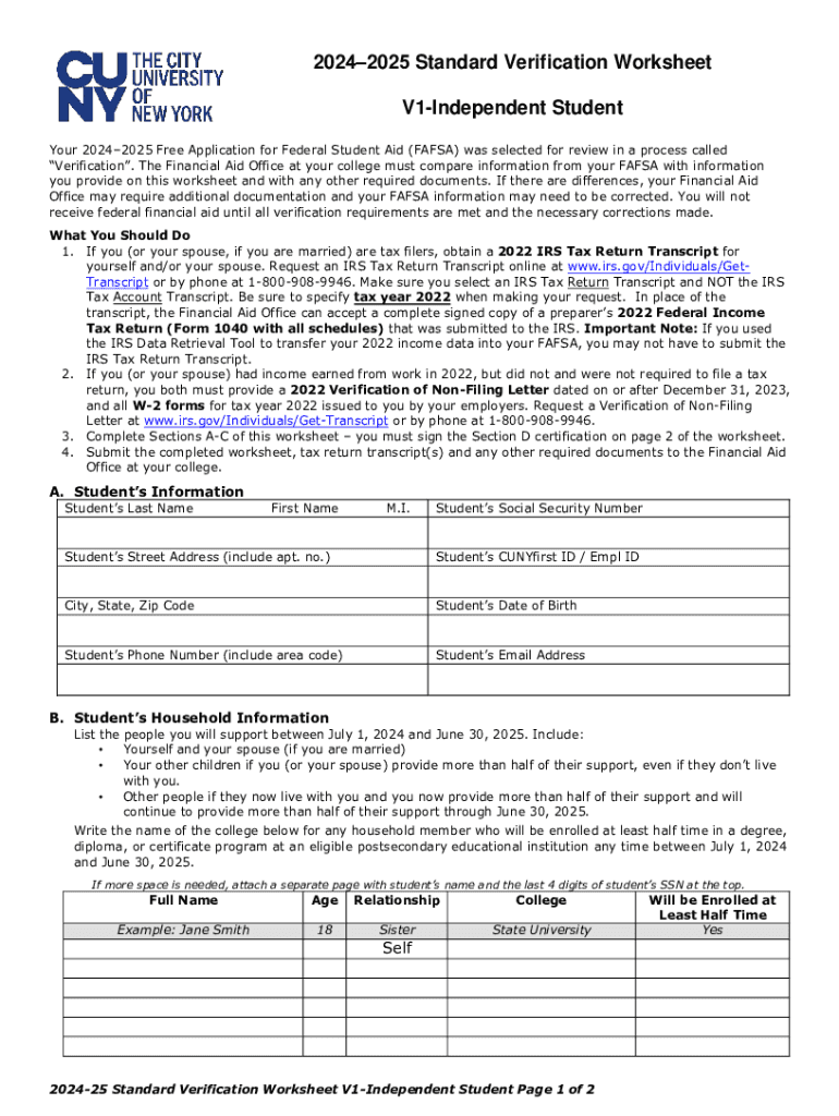 Fillable Online 2024-2025 Verification WorksheetV1 A. Tax and Income ... Fax Email Print - pdfFiller