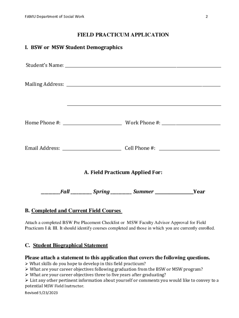 Fillable Online B.S.W Field Practicum Application Fax Email Print - pdfFiller