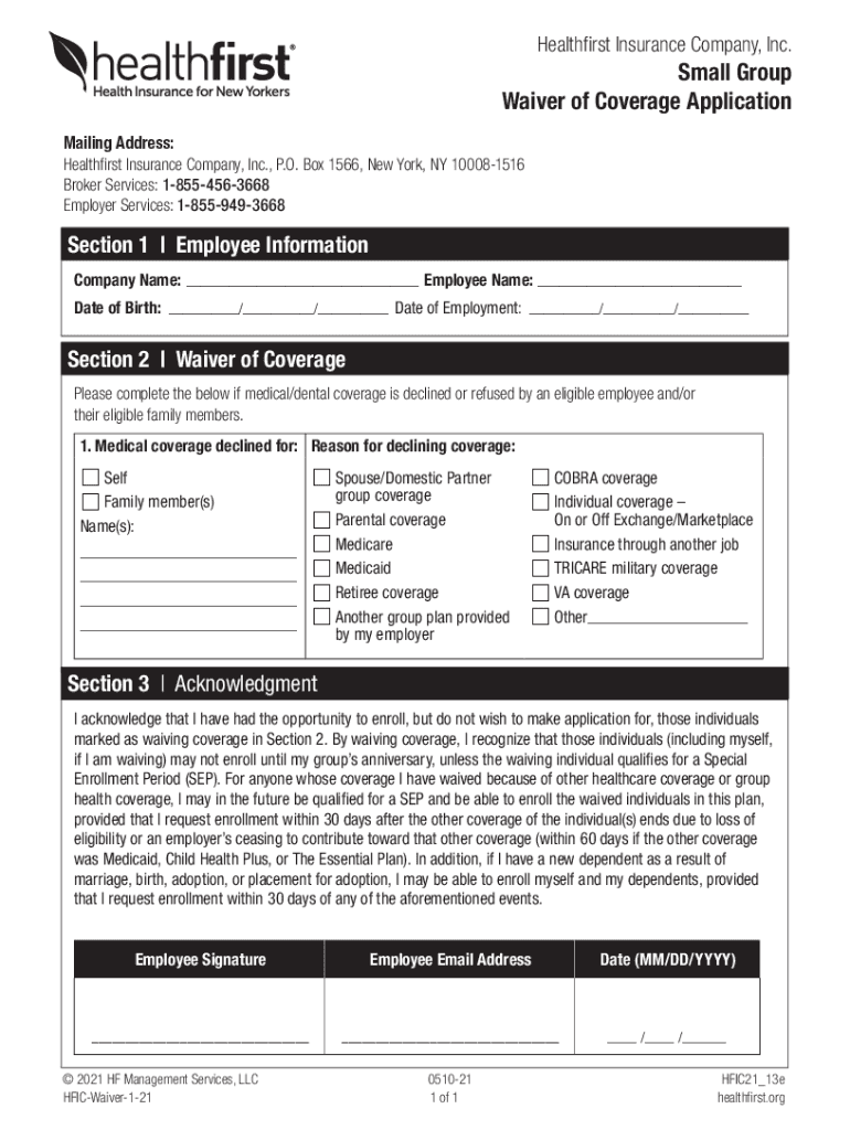 Fillable Online Small Group Waiver of Coverage Application Fax Email ...