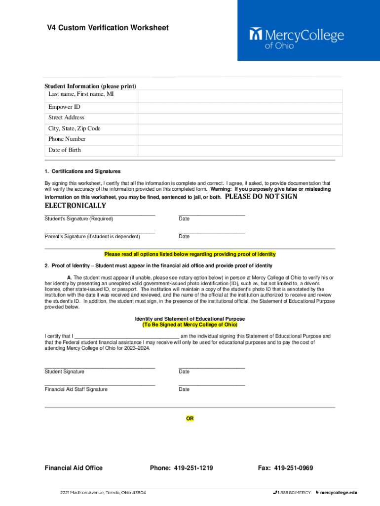Fillable Online V4 Custom Verification Worksheet - Mercy College of Ohio Fax Email Print - pdfFiller