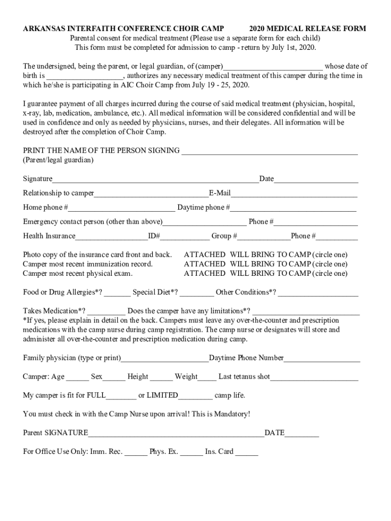 Fillable Online Arkansas Interfaith Choir Camp 2024 Medical Release Form Fax Email Print - pdfFiller