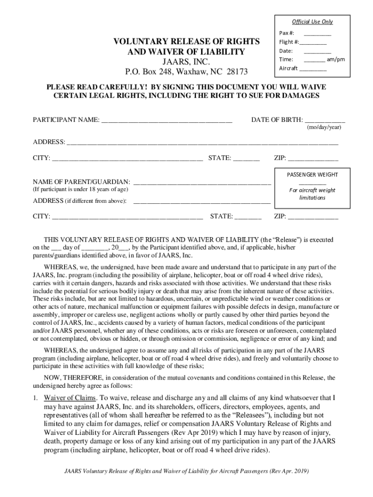 Fillable Online Sample-Aircraft-Ride-Liability-Release-Waiver-Form-2018 ...