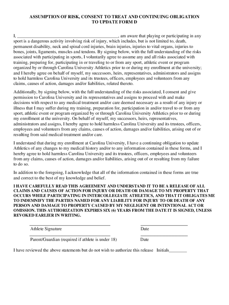 Fillable Online assumption of risk, consent to treat and continuing obligation Fax Email Print ...