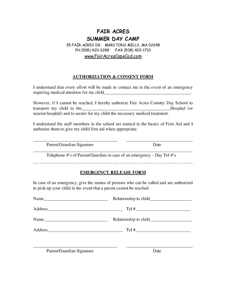 Fillable Online Camper Forms - Fair Acres Summer Camp - Cape Cod, MA ...