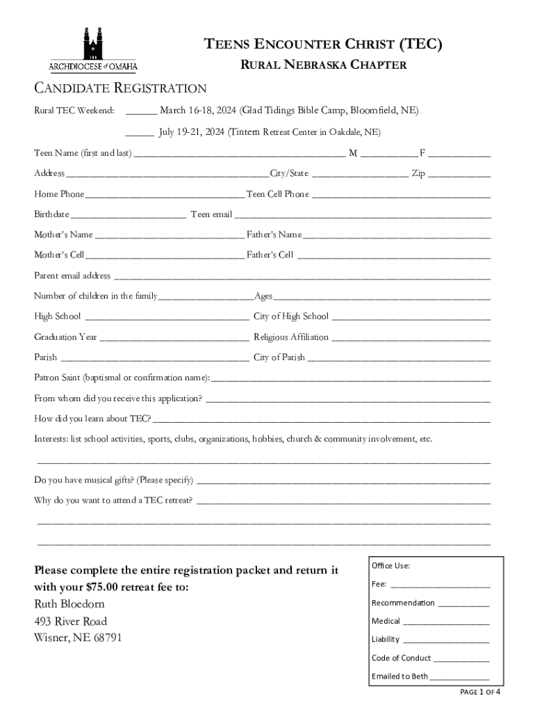 Fillable Online teens encounter christ (tec) - rural nebraska chapter Fax Email Print - pdfFiller