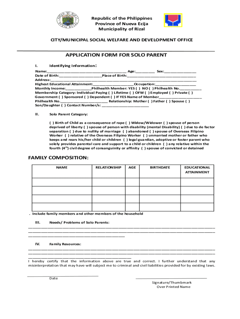 Fillable Online SOLO PARENT APPLICATION FORM NEW Fax Email Print ...