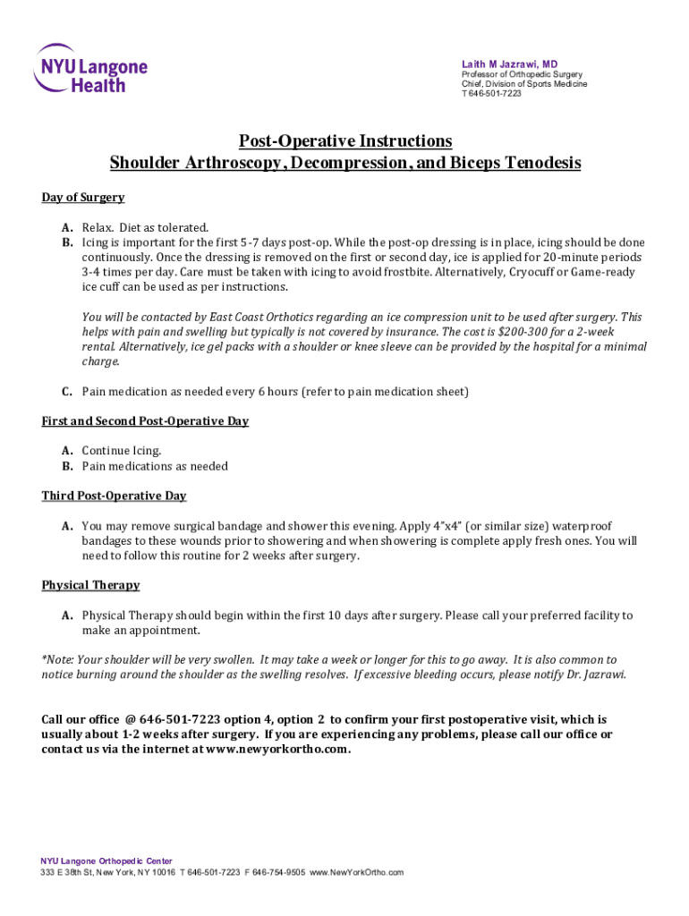 Fillable Online Post-Op Instructions for Shoulder Arthroscopic Biceps ...