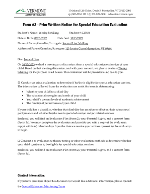 Fillable Online education vermont Form #3 - Prior Written Notice for ...