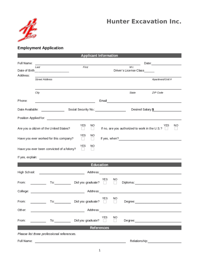 Hunter Excavation Inc Doc Template | pdfFiller