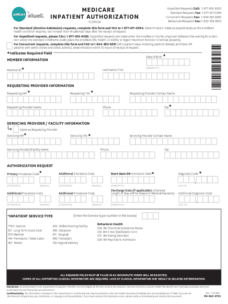 Fillable Online Medicare Inpatient Prior Authorization Fax Form ...