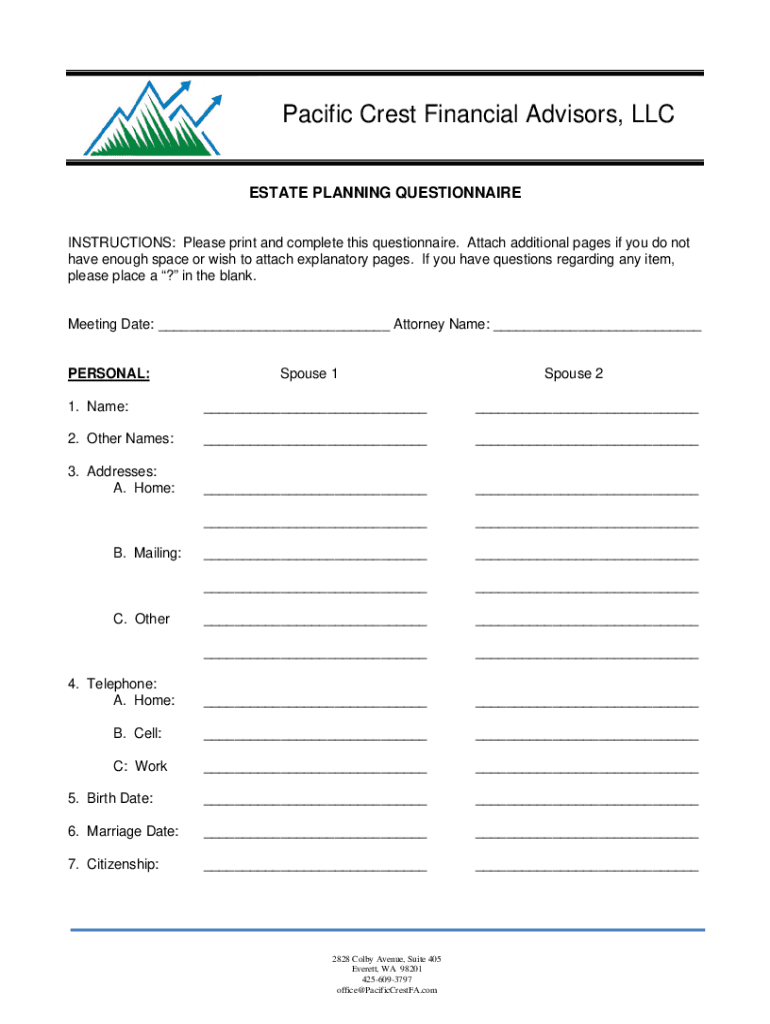 Fillable Online ESTATE PLANNING GUIDE AND QUESTIONNAIRE Fax Email Print - pdfFiller