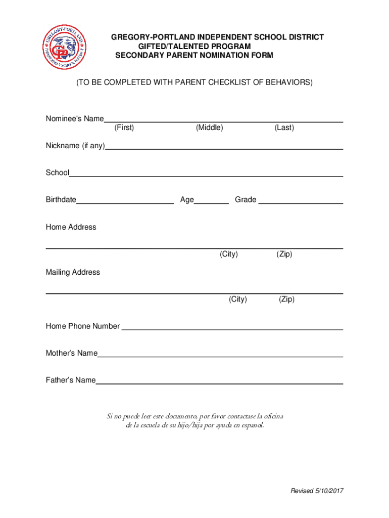 Fillable Online Talented and Gifted Program Parent Nomination Checklist ...