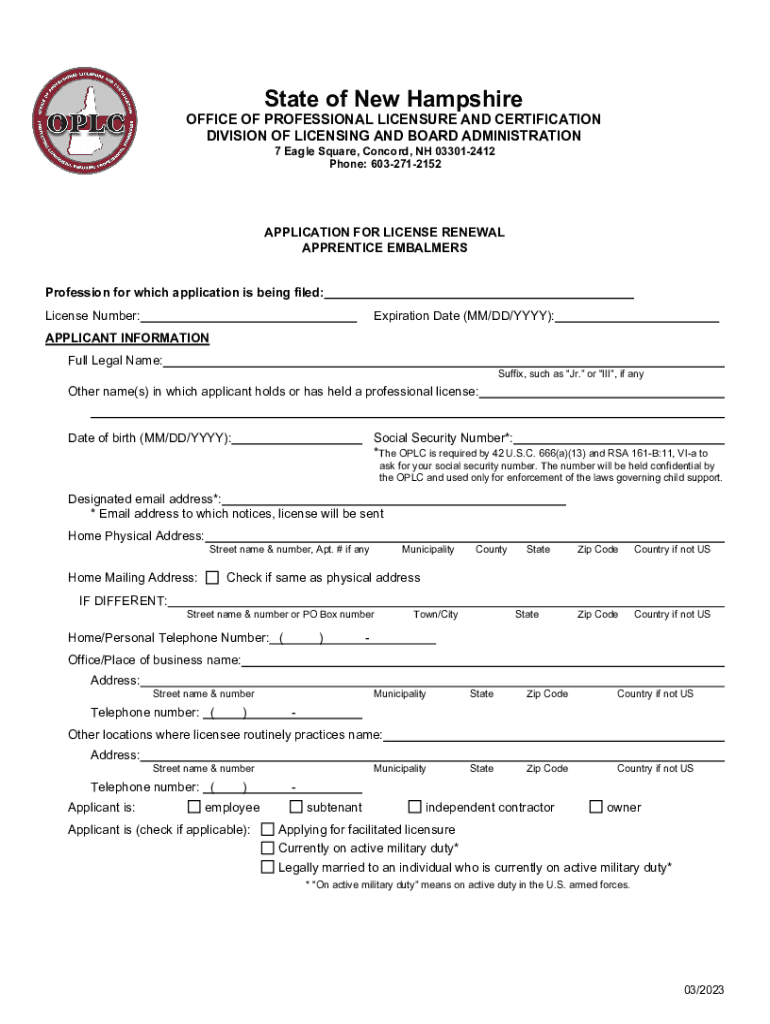 Fillable Online Application for License Renewal Apprentice Embalmers ...