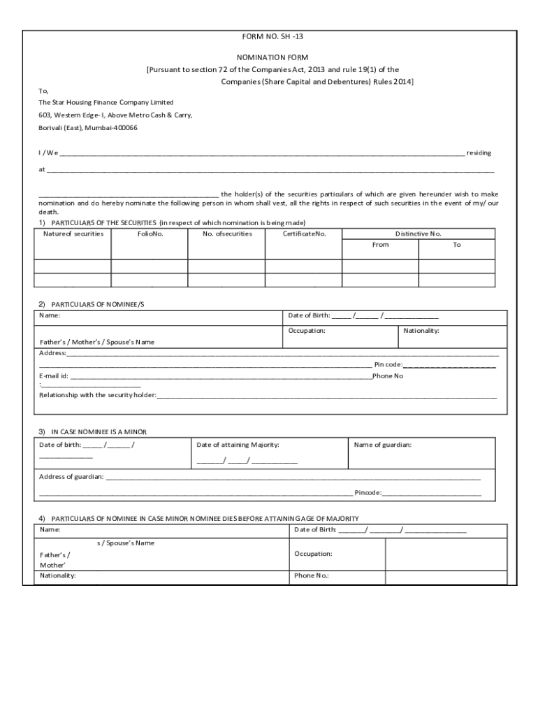 Fillable Online FORM NO. SH -13 NOMINATION FORM Pursuant to ... Fax ...