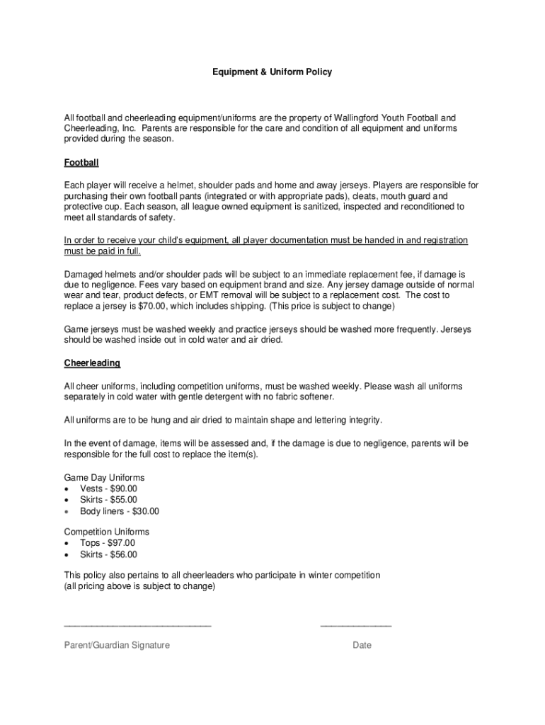 Fillable Online Equipment & Uniform Policy All football and ...