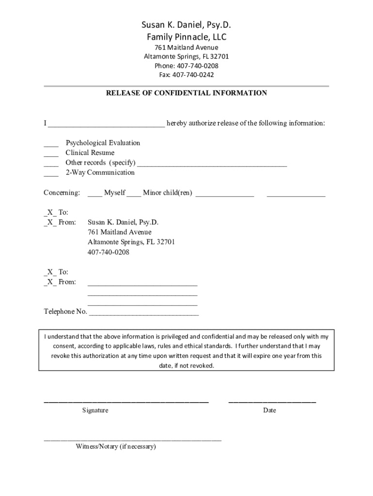 Fillable Online Orlando Florida Psychologist, Dr. Susan Daniel ...