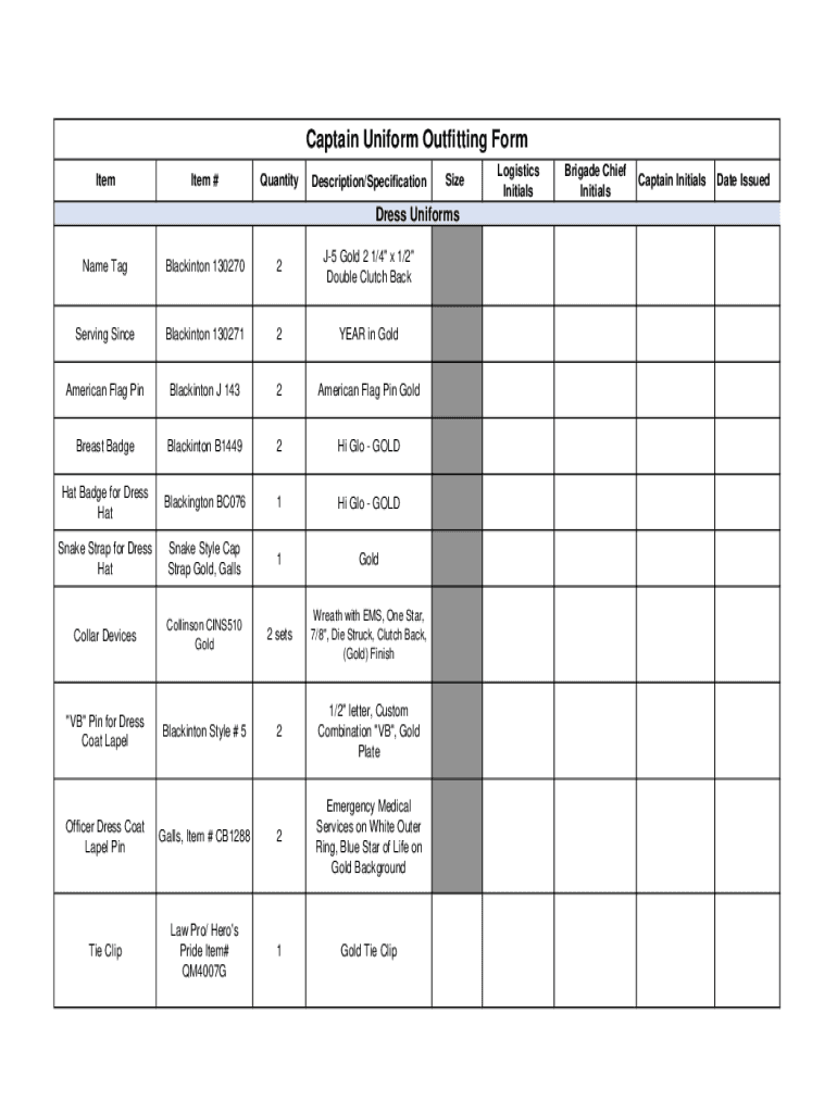 Fillable Online Instruction Supervisor Uniform Outfitting Form Fax ...