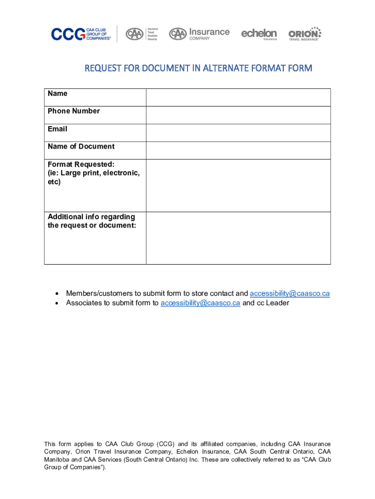 Fillable Online REQUEST FOR DOCUMENT IN ALTERNATE FORMAT FORM Fax Email ...