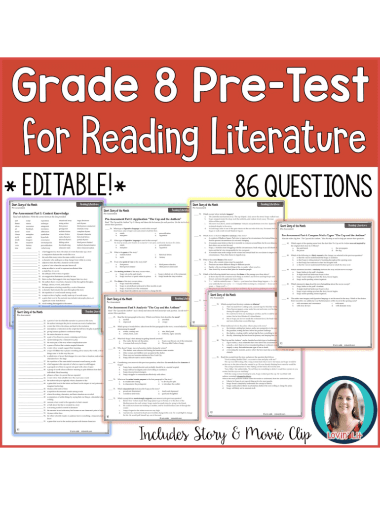 Fillable Online Reading Literature Pre-Assessment for Grade 8 Fax Email Print - pdfFiller