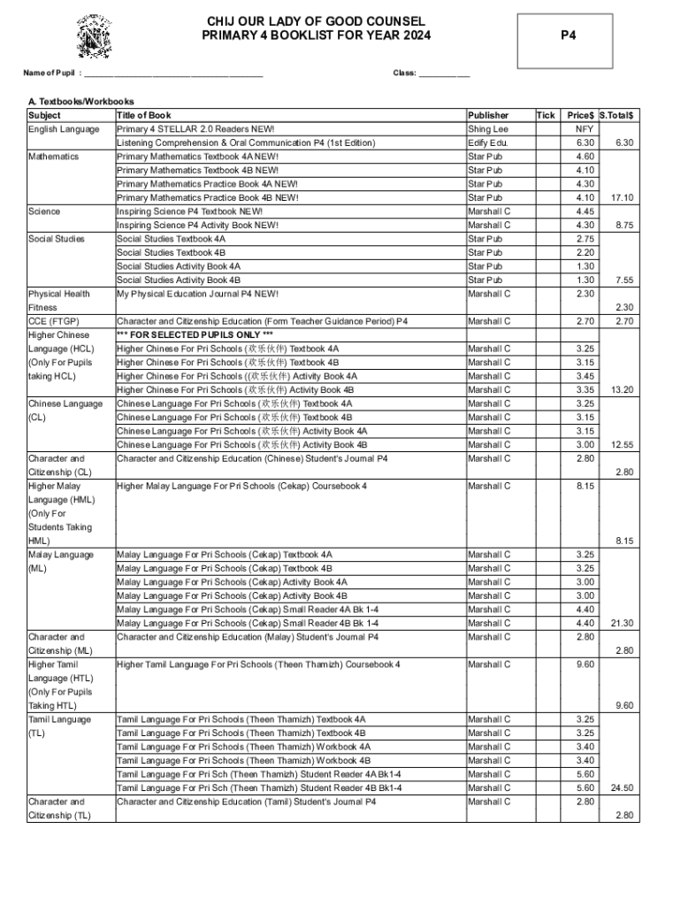 Fillable Online CHIJ OUR LADY OF GOOD COUNSEL PRIMARY 4 ... Fax Email ...