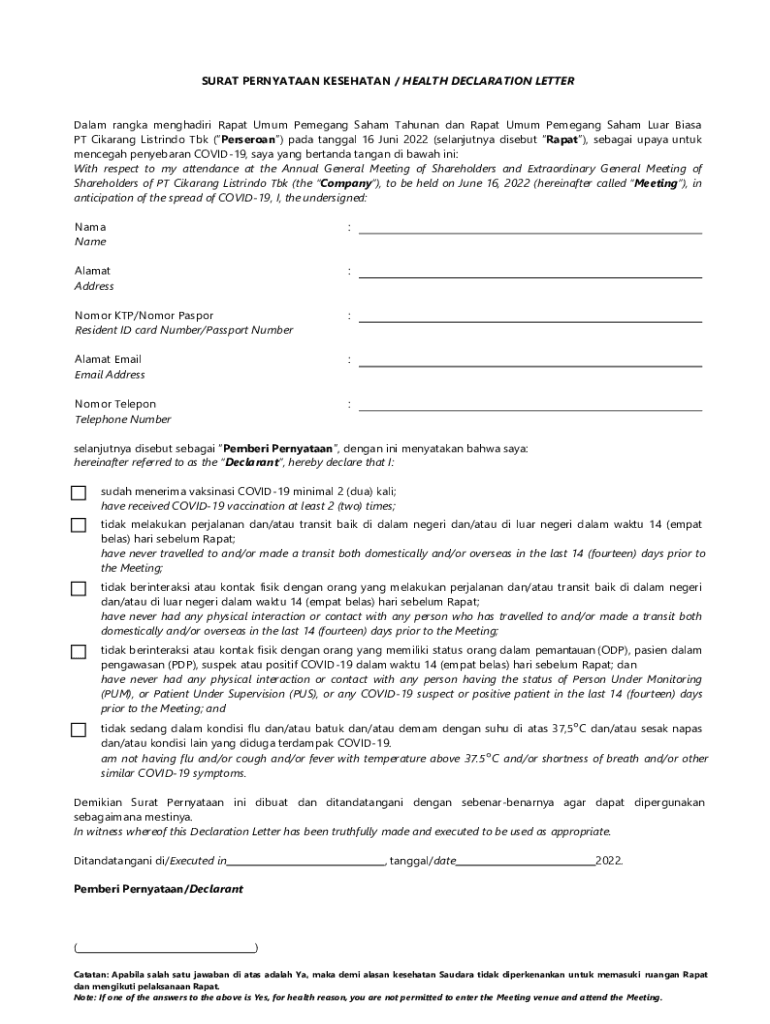 Fillable Online Formulir Pernyataan Kesehatan/Health Declaration Form ...