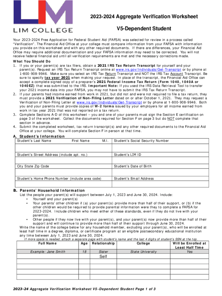 Fillable Online 20232024 Aggregate Verification Worksheet Dependent ... Fax Email Print - pdfFiller