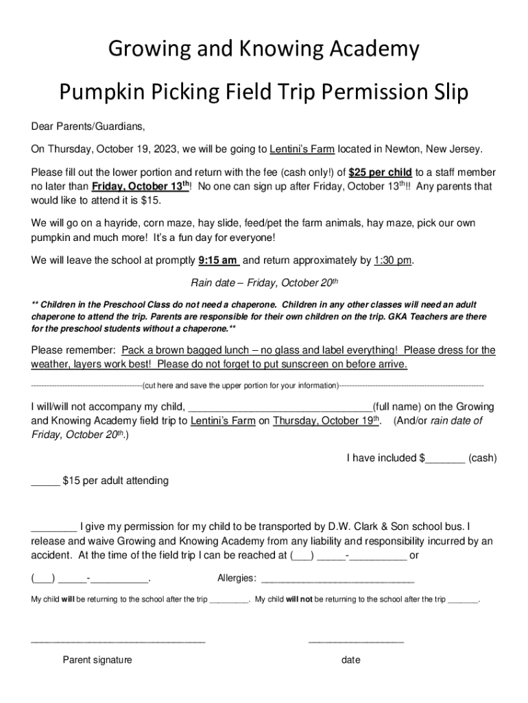 Fillable Online Pumpkin patch field trip permission slip Fax Email ...
