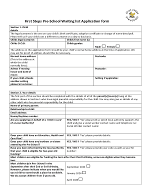 Fillable Online First Steps Pre-School Waiting list Application form Fax Email Print - pdfFiller