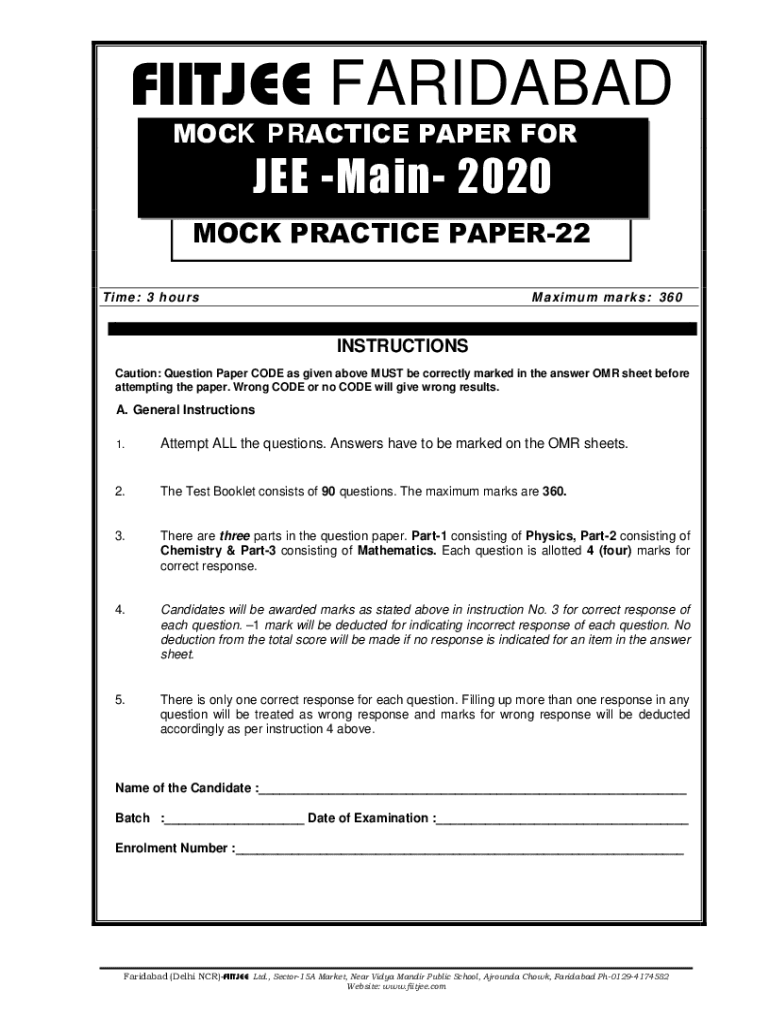 Fillable Online FIITJEE - JEE (Main) 2PDFElectronPhysical Sciences Fax ...