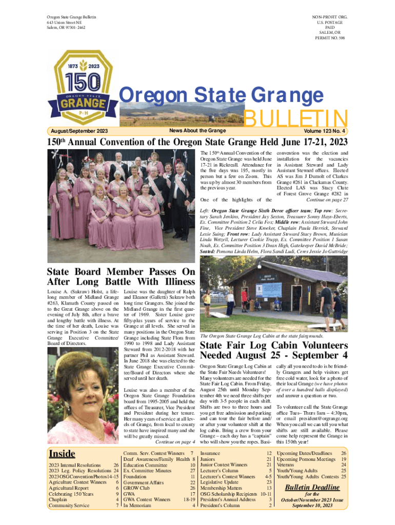 Fillable Online 150 Annual Convention of the Oregon State Grange Held ...