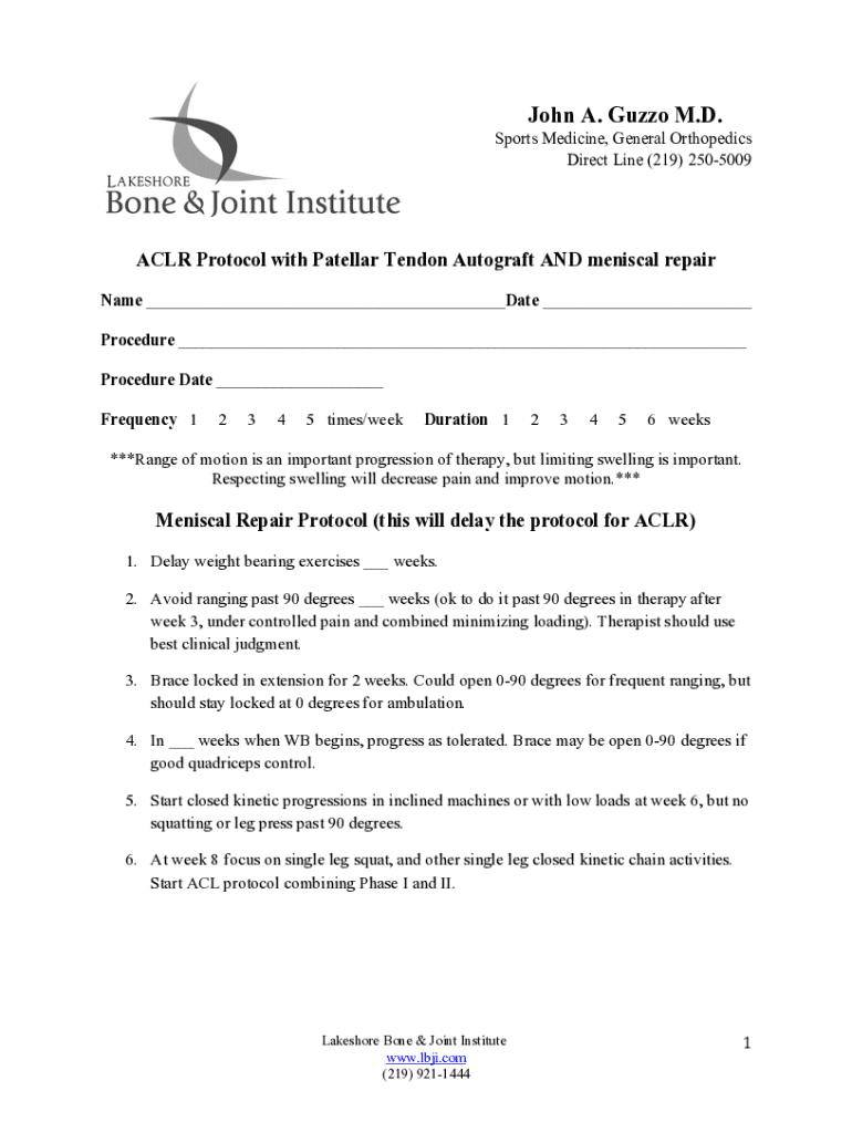Fillable Online ACLR Protocol with Patellar Tendon Autograft AND ...