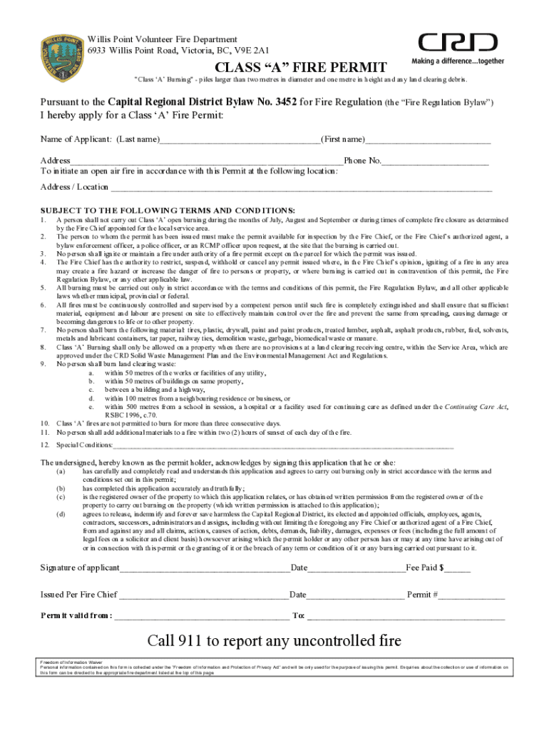 Fillable Online Class A - Debris pile burning permit 2013 Fax Email ...