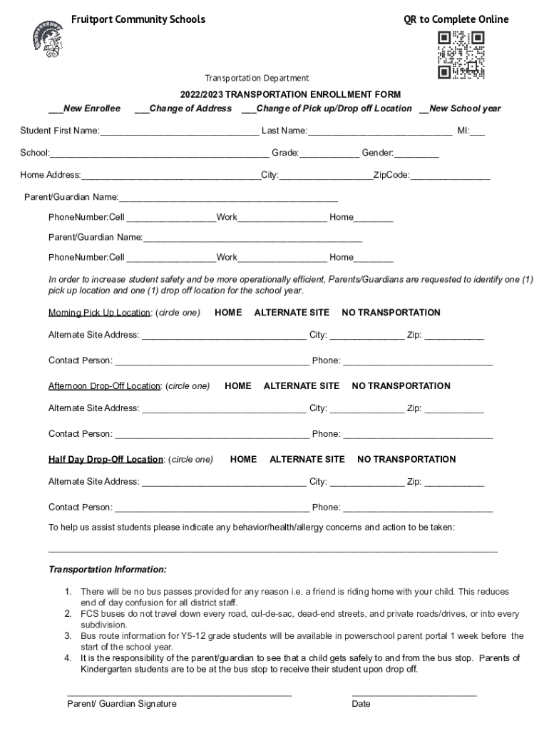 Fillable Online New Student Transportation Enrollment Form Fax Email ...