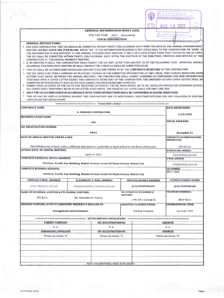 Fillable Online GENERAL INFORMATION SHEET GIS FOR THE YEAR ... Fax ...