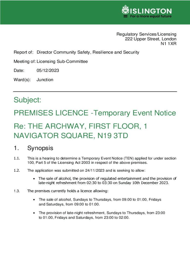 Fillable Online democracy islington gov Subject: PREMISES LICENCE ...