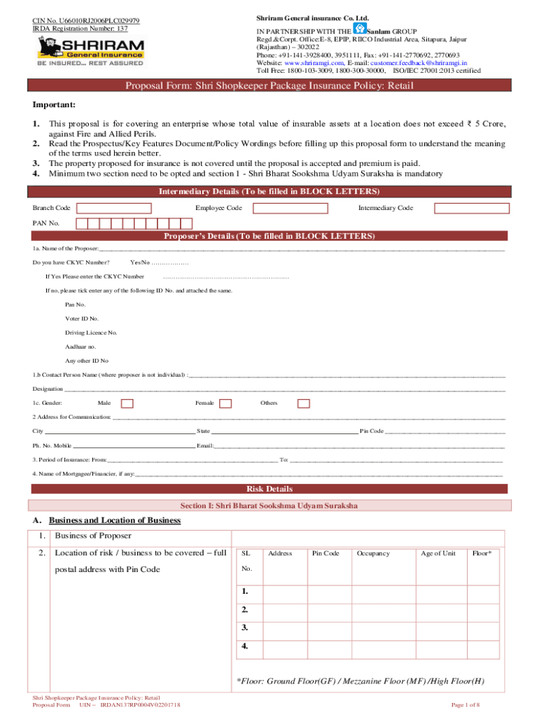 Fillable Online Proposal Form: Shri Shopkeeper Package Insurance Policy ...