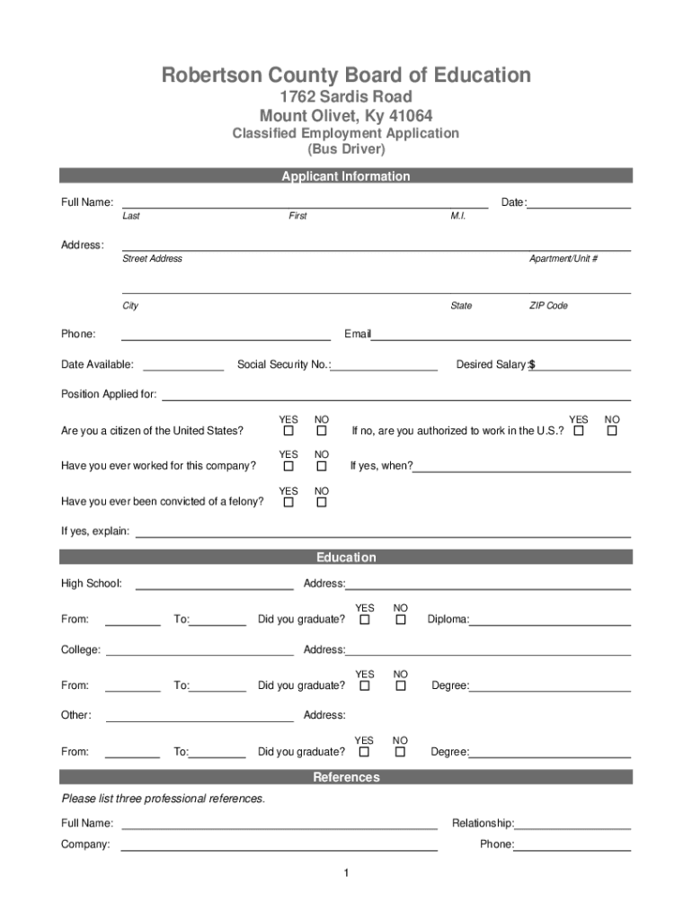 Fillable Online Classified Employment Application (Bus Driver) Fax Email Print - pdfFiller