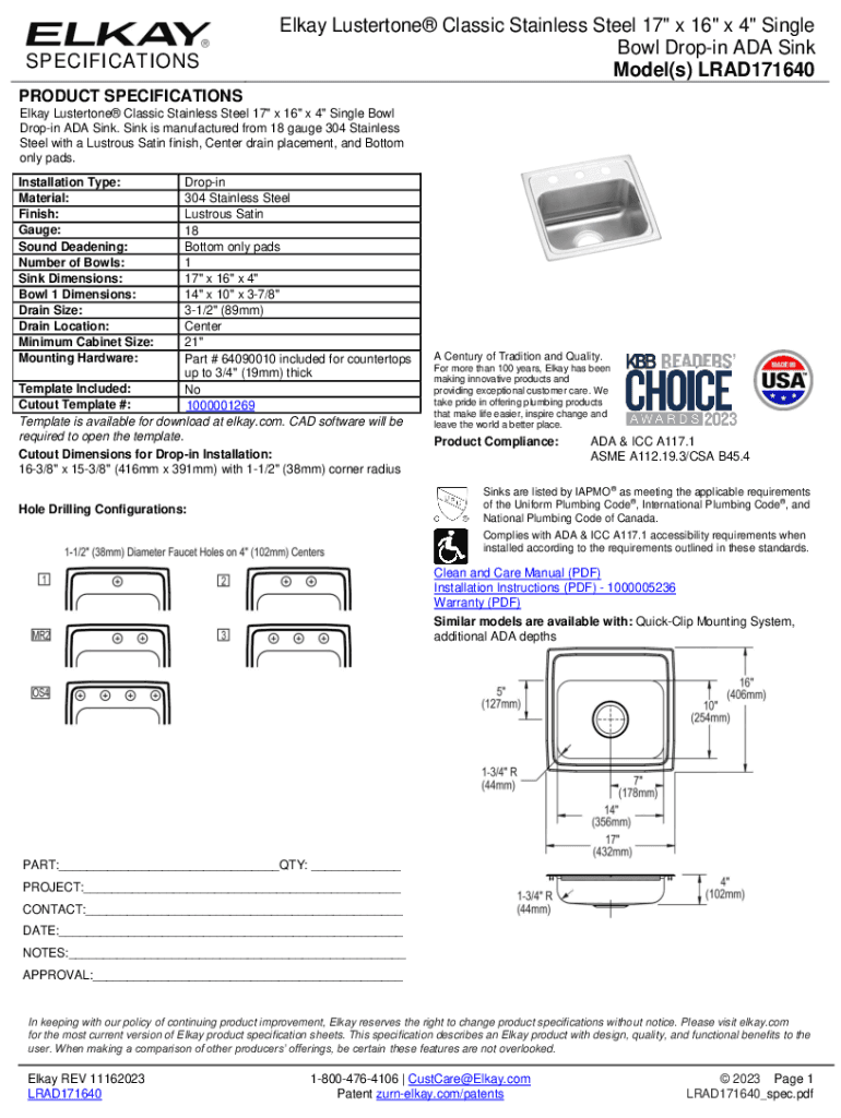 Fillable Online Elkay Stainless Steel 14-5/8" x 16-1/8" x 1" Bottom ...
