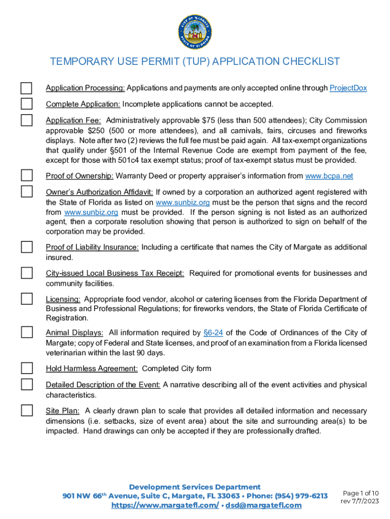 Fillable Online TEMPORARY USE PERMIT (TUP) APPLICATION CHECKLIST Fax ...