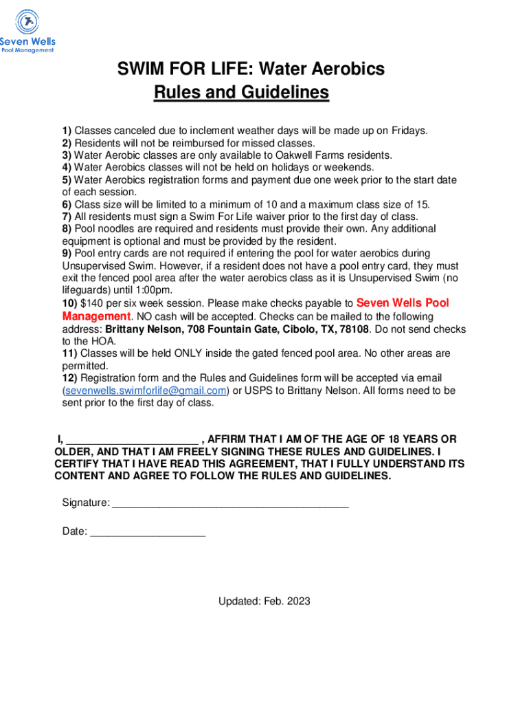 Fillable Online SWIM FOR LIFE: Water Aerobics Rules and Guidelines Fax ...