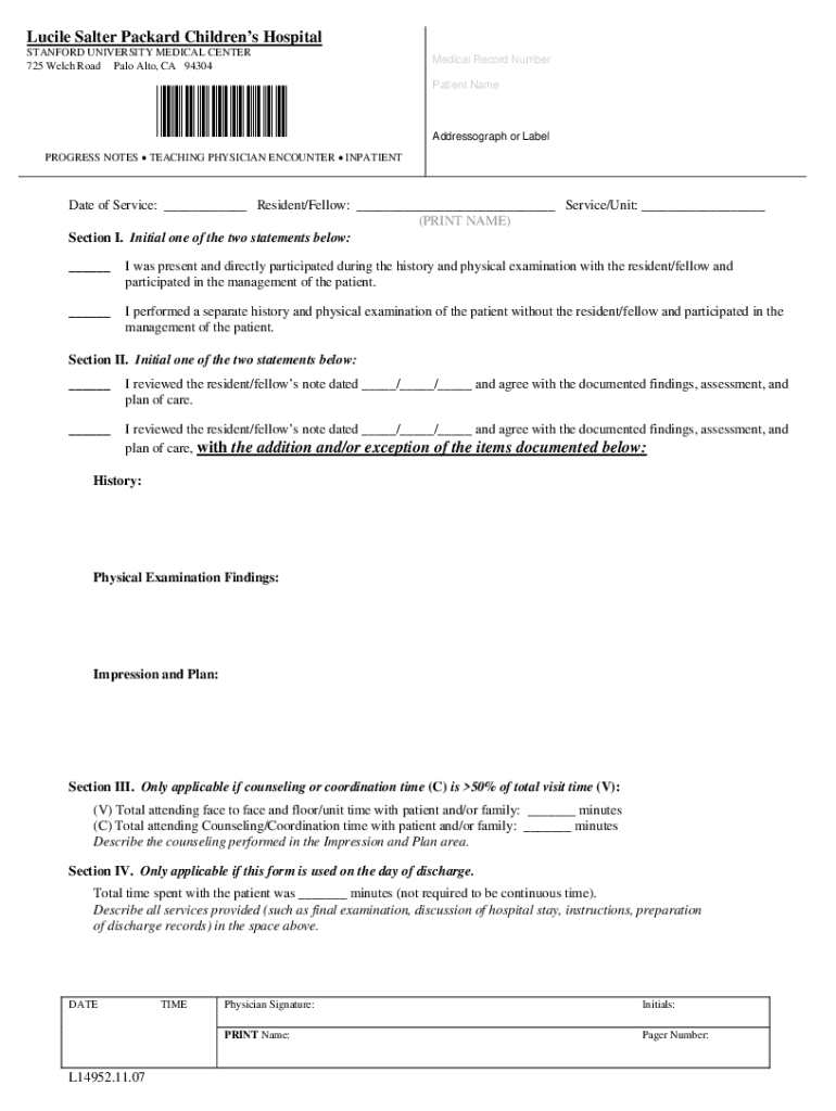 Fillable Online med stanford Teaching Physician Encounter-Inpatient Fax ...